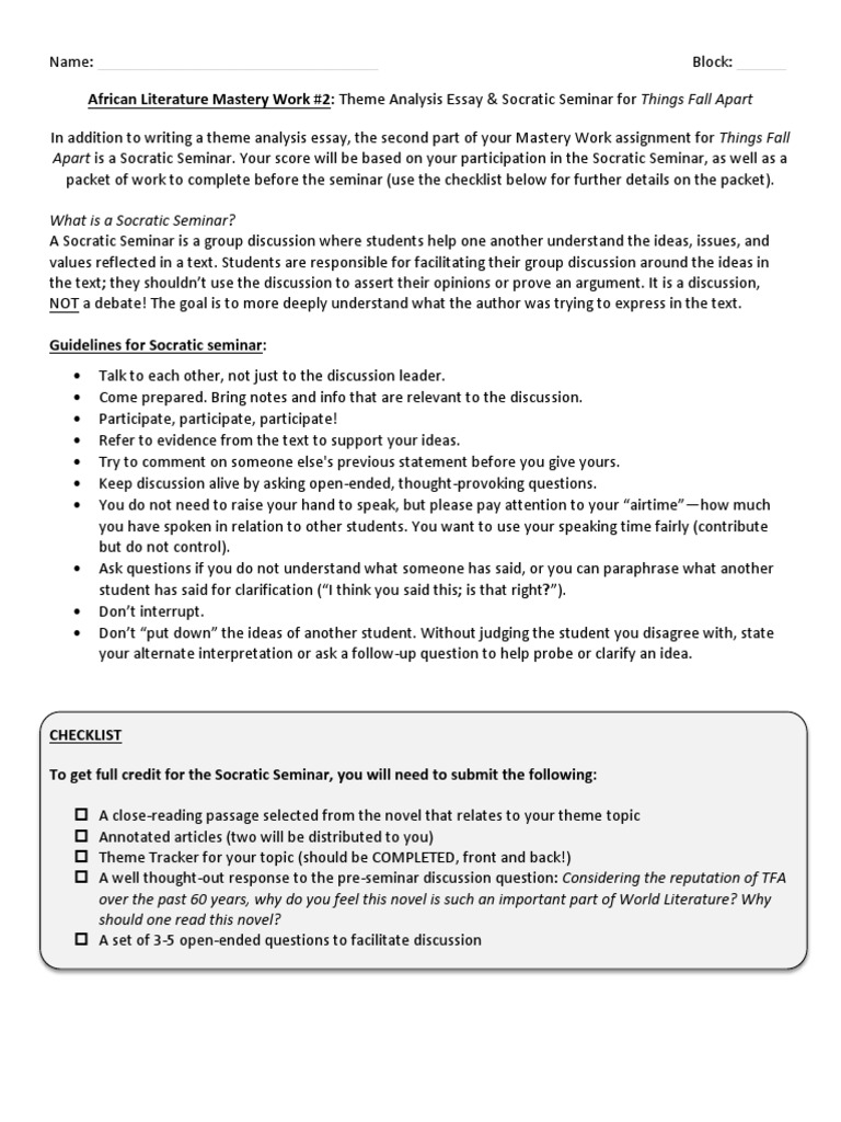 African Literature Mastery Work #2: Theme Analysis Essay & Socratic ...