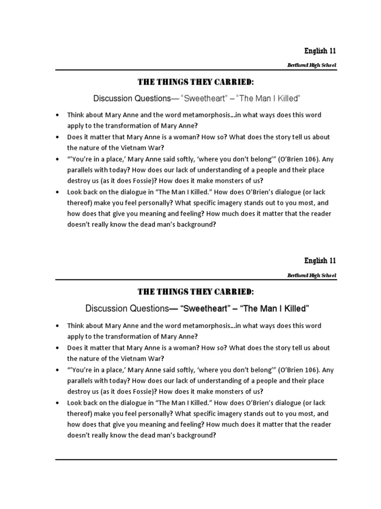 The Things They Carried:: Discussion Questions - "Sweetheart" - "The ...