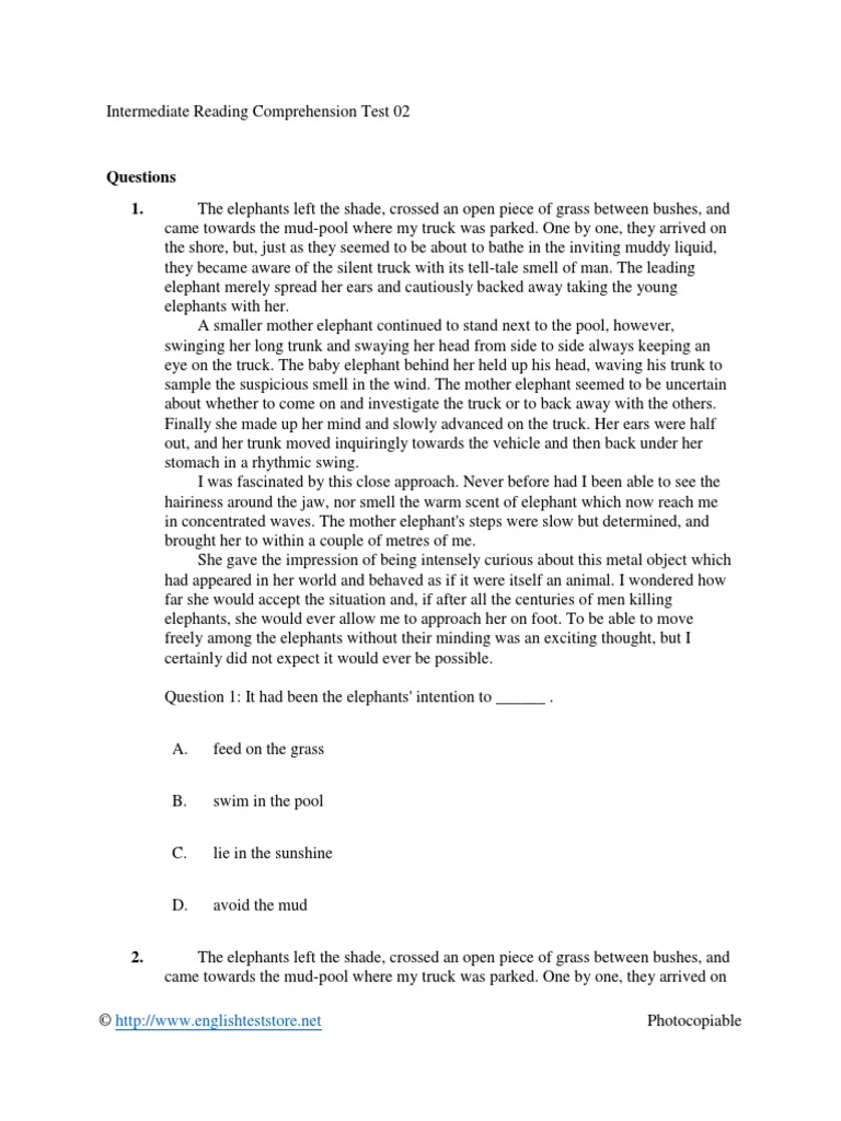 Intermediate Reading Comprehension Test 02 | PDF | Elephant | Odor