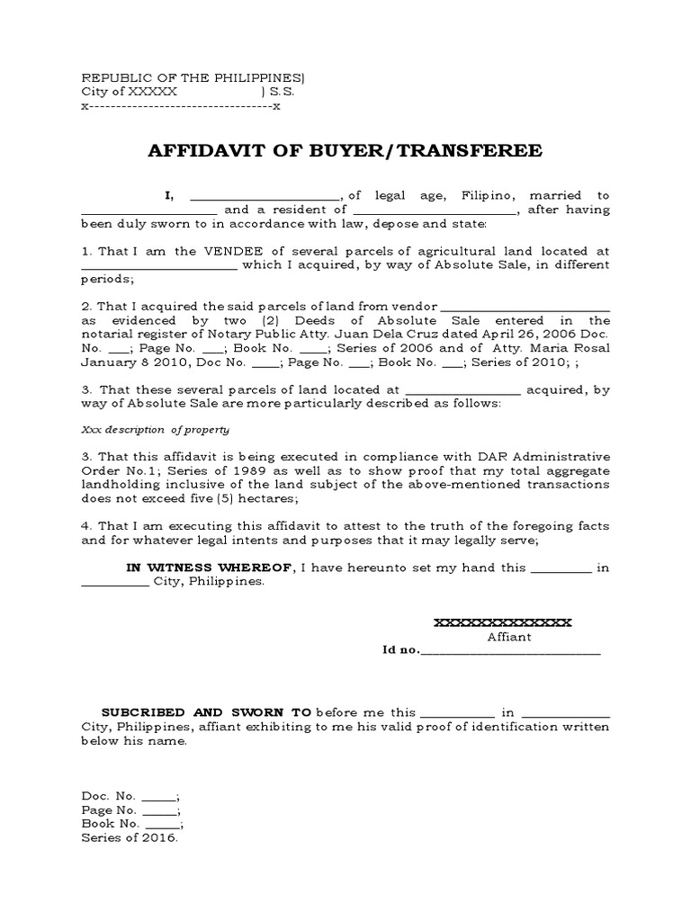 Affidavit of Transferee Sample | PDF | Affidavit | Legal Documents