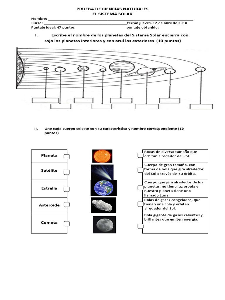 Prueba Del Sistema Solar Teachervision Evaluación Sistema Solar