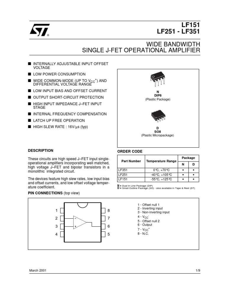 Wide Bandwidth Single J-Fet Operational Amplifier: LF151 LF251 - LF351 ...