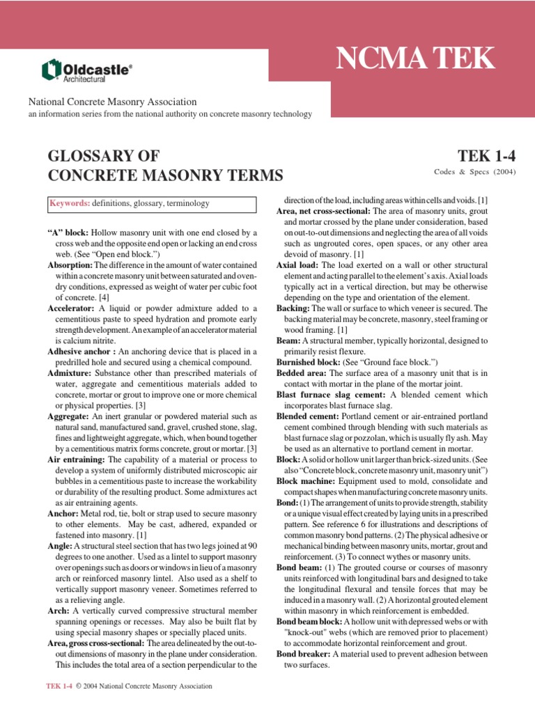 Ncma Tek: Glossary of Concrete Masonry Terms TEK 1-4 | PDF | Masonry ...