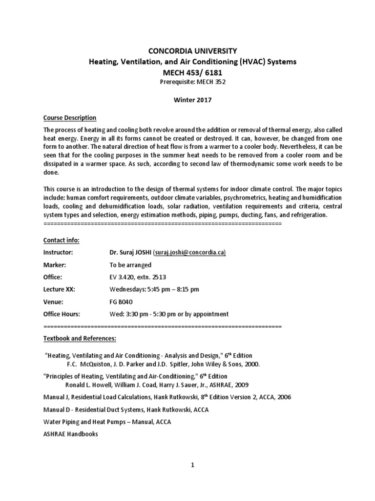 MECH 453 Course Outline Winter 2017 | PDF | Hvac | Air Conditioning