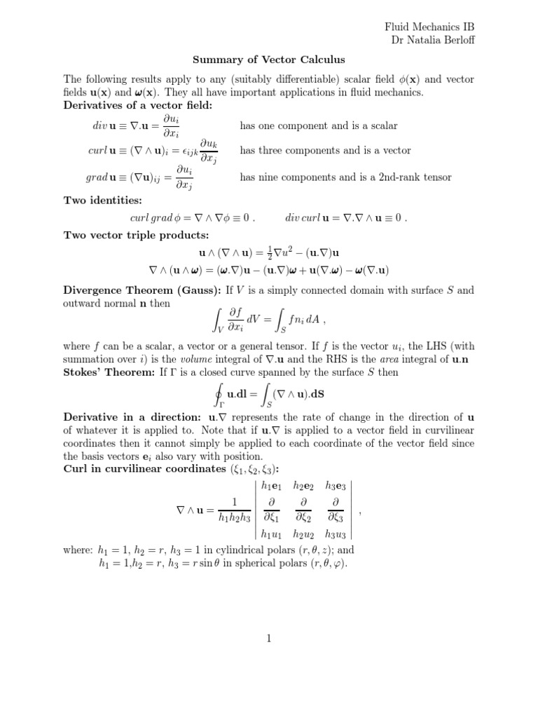 Summary Of Vector Calculus Pdf Pdf Vector Calculus Euclidean Vector
