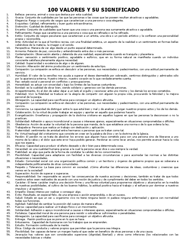 100 Valores y Su Significado | PDF | Dignidad | Justicia
