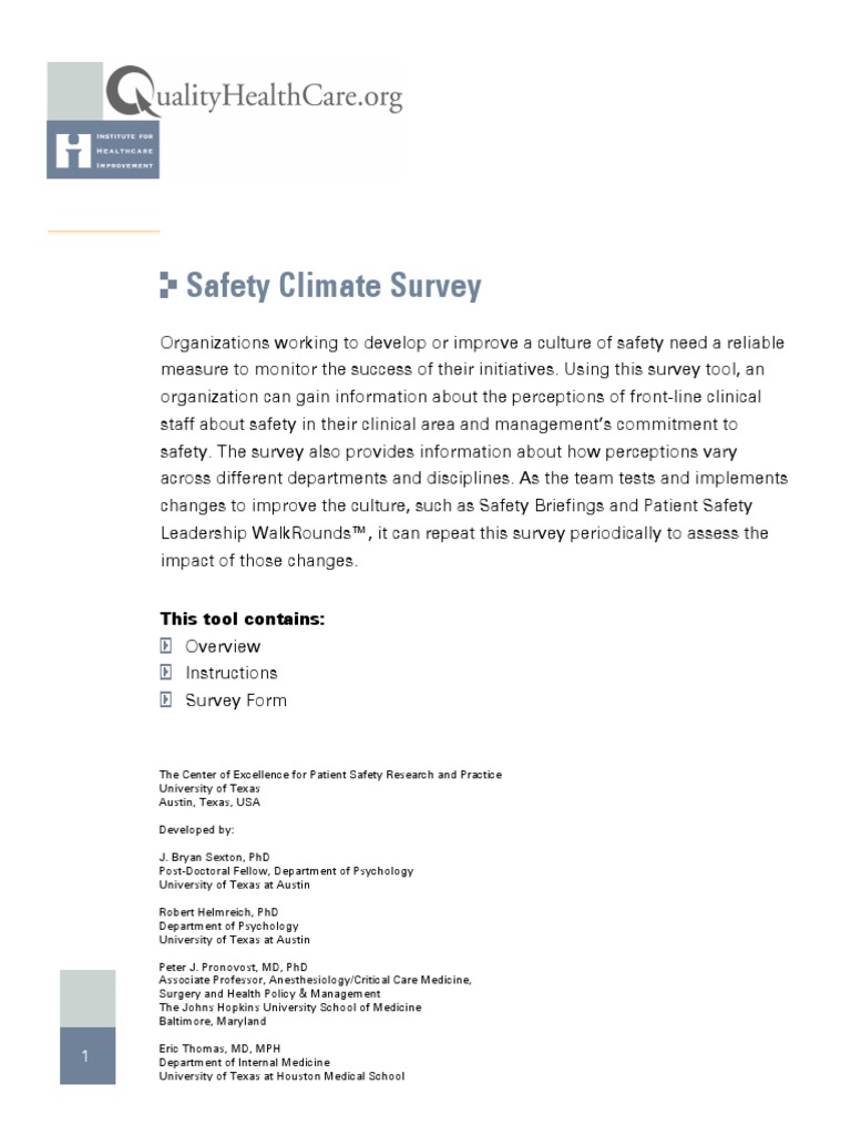 Safety Climate Survey PDF | Download Free PDF | Patient Safety | Survey ...