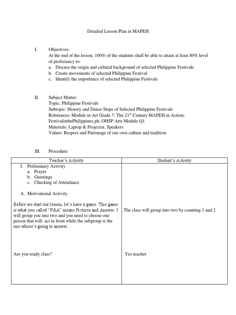 Detailed Lesson Plan in Festival | PDF | Festival