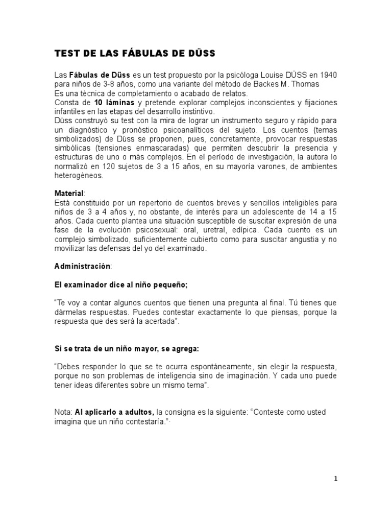 Test de Las Fábulas de Düss | PDF | Complejo de Edipo | Sicología