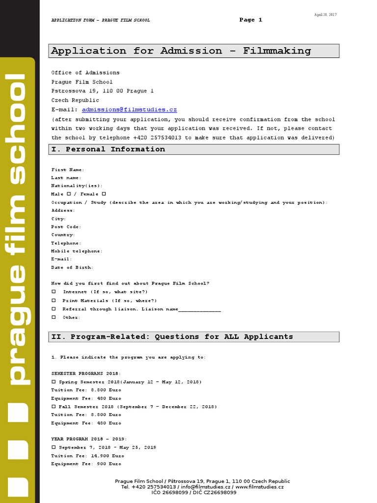 Prague Film School Admission Application | PDF