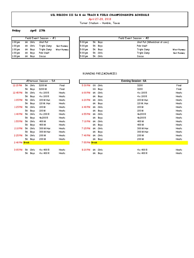 UIL Region III Track & Field Schedule | PDF | Track And Field | Formula ...