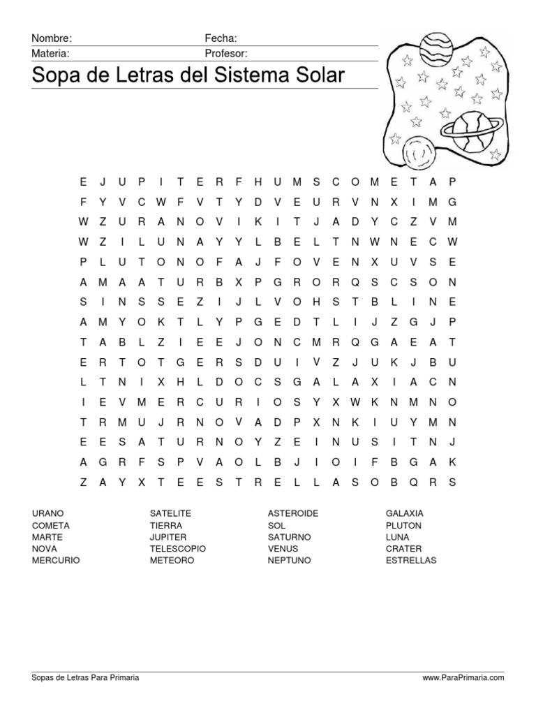 Sopa de Letras del Sistema Solar | PDF | Sistema solar | Naturaleza