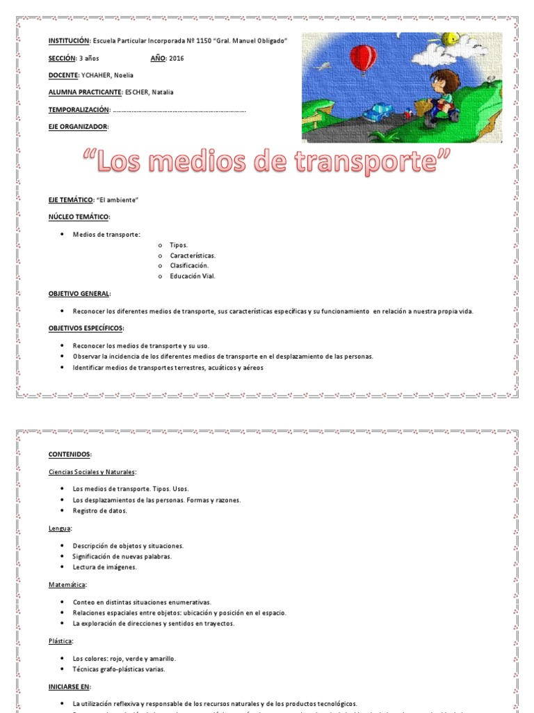 Unidad Didactica Los Medios de Transporte - Sala de 3 | PDF | Transporte