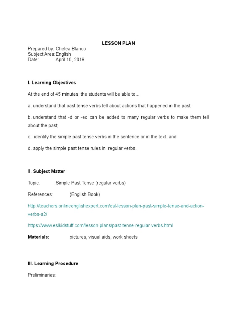 Past Tense Regular Verbs Lesson Plan | PDF | Lesson Plan | Grammatical ...