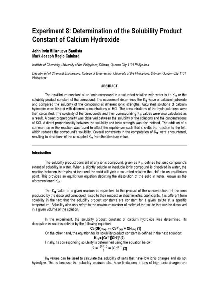 Experiment 8: Determination of The Solubility Product Constant of ...