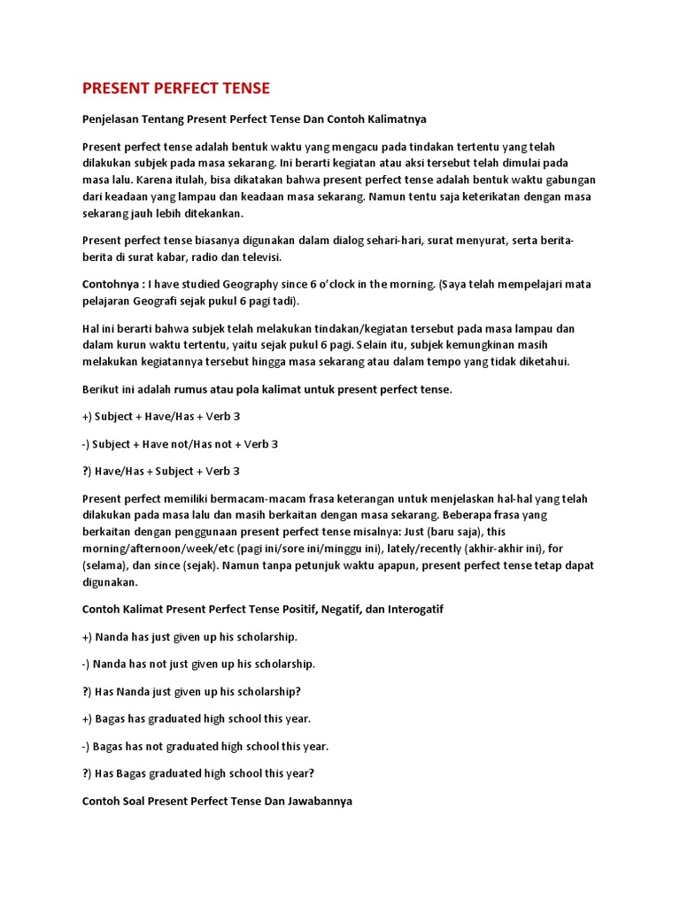 Contoh dan Penjelasan Present Perfect Tense | PDF | Perjalanan | Kajian ...