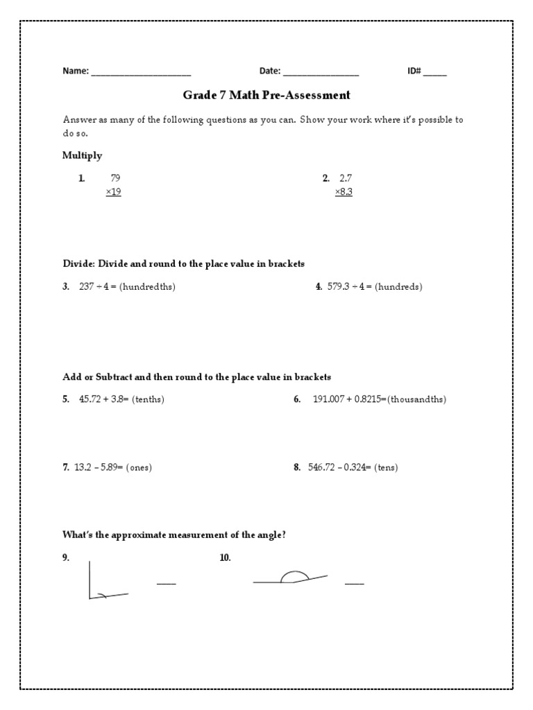 Grade 7 Math Pre-Assessment | PDF | Fraction (Mathematics ...