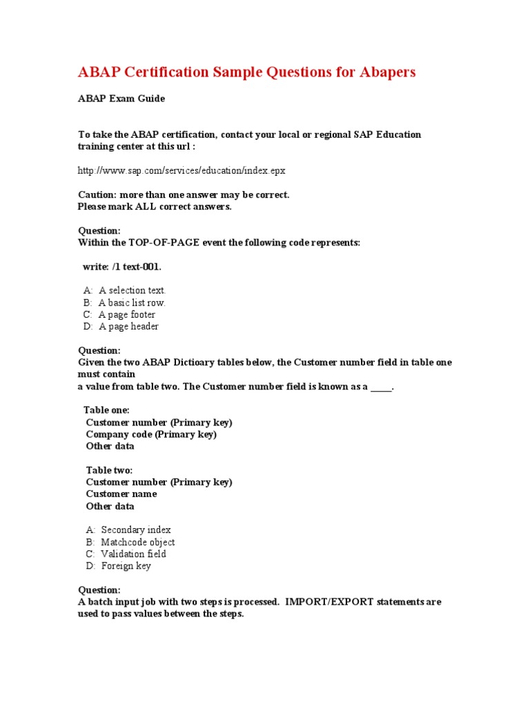 VH ABAP Certification Sample Questions For Abapers | PDF | C (Programming Language) | Database Index