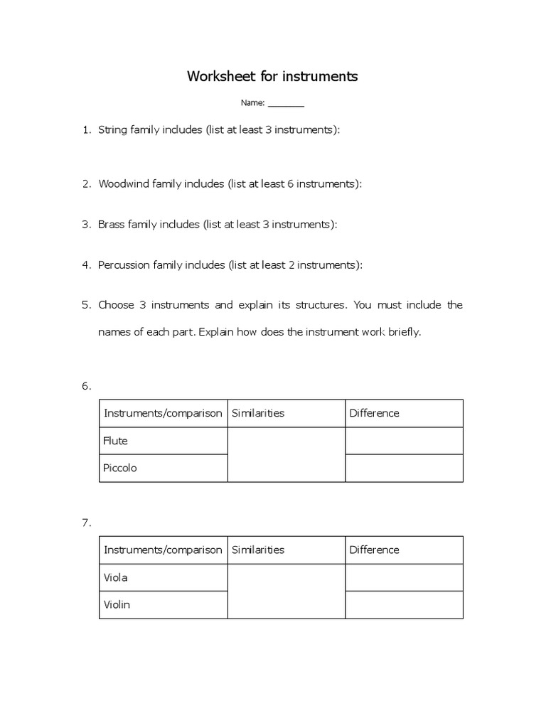 Worksheet For Instruments | PDF