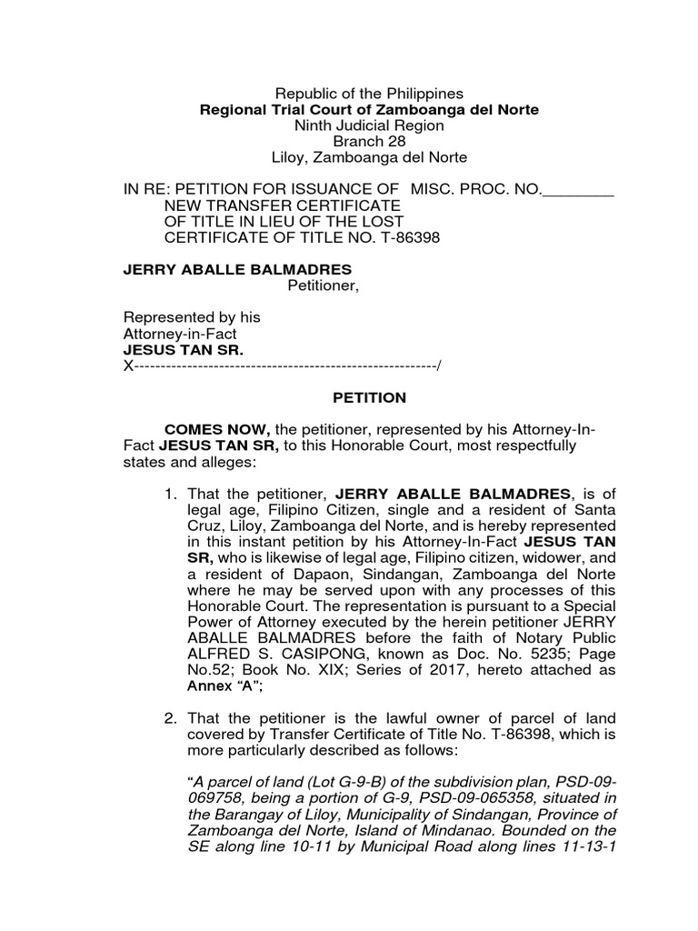 Petition For Re Issuance of Owner Duplicate Copy Liloy JERRY ABALLE ...