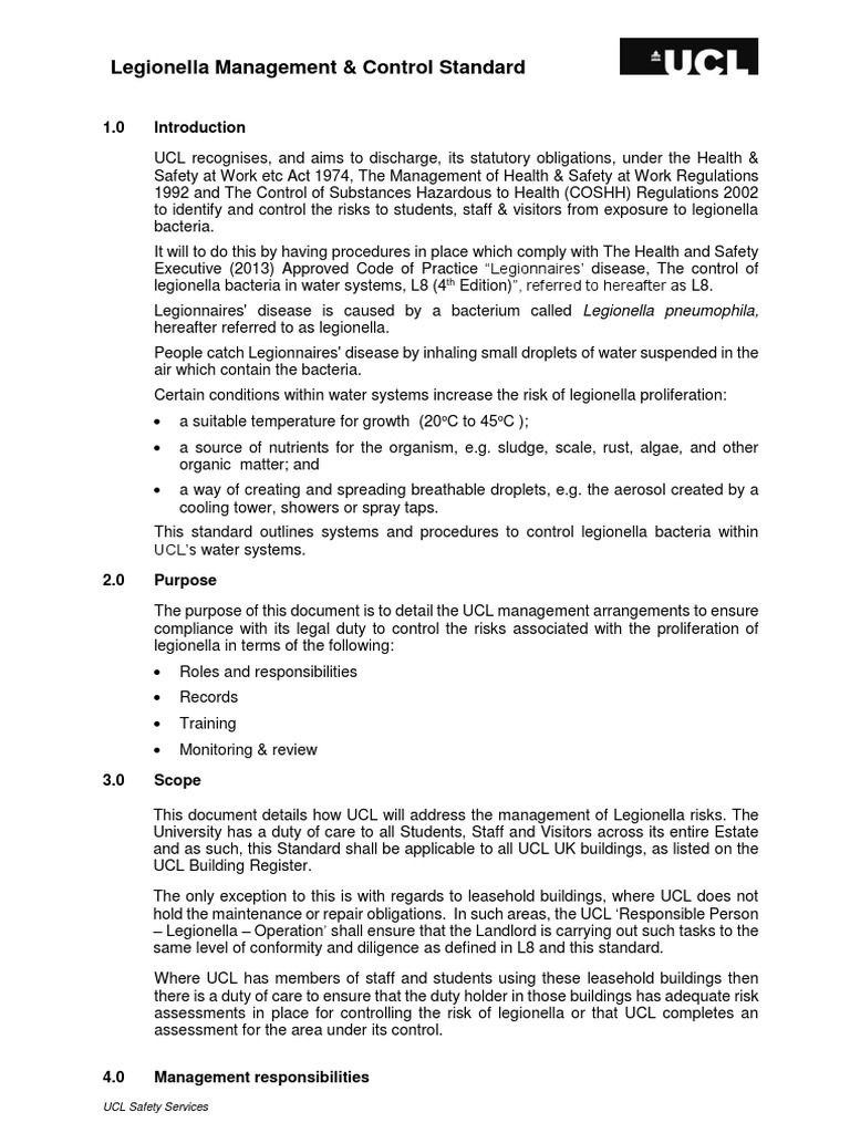 Legionella Management & Control Standard: UCL Safety Services | PDF ...