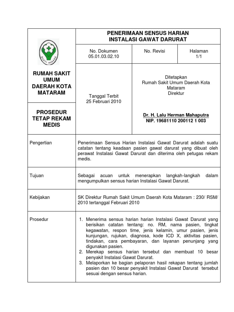 Protap Sensus Harian Igd - No - Rev | PDF