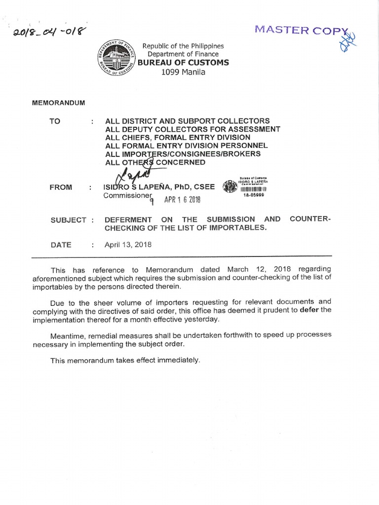 BOC Memo-2018-04-018 - Deferment On The Submission and Counter Checking ...