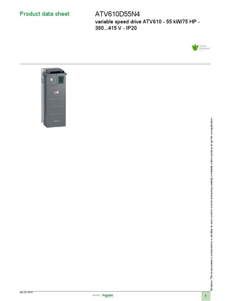 ATV610D55N4 Product Data Sheet | PDF | Relay | Power Supply