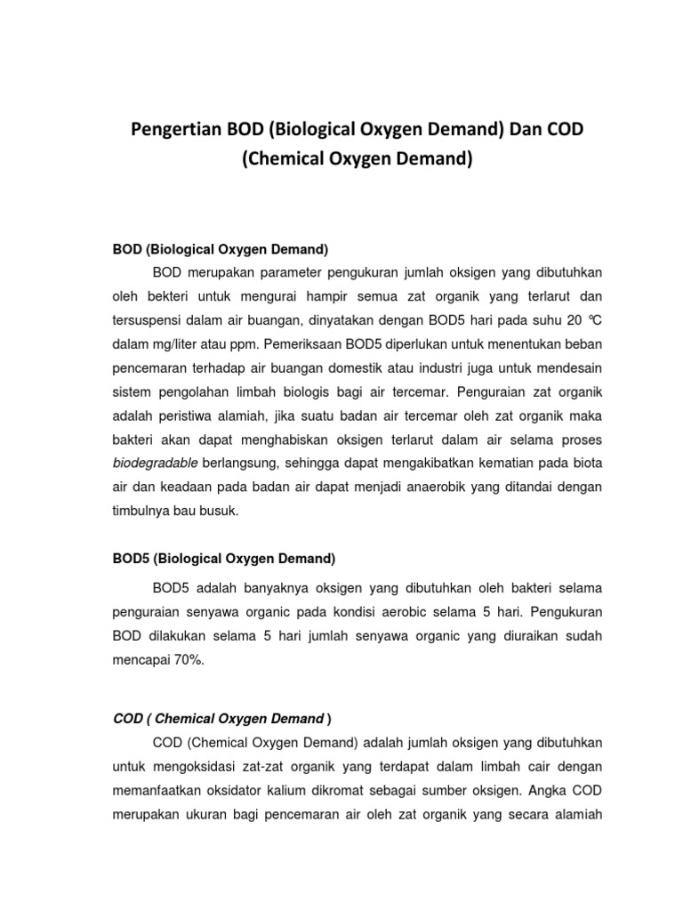 Pengertian BOD (Biological Oxygen Demand) Dan COD (Chemical Oxygen ...
