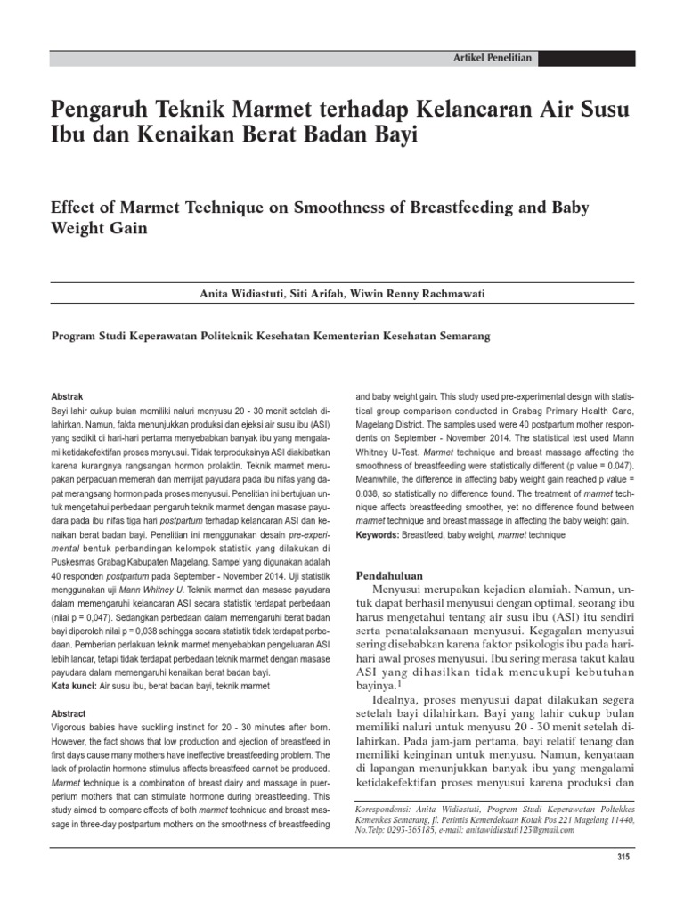 Pengaruh Teknik Marmet Terhadap Kelancaran Air Susu Ibu Dan Kenaikan ...