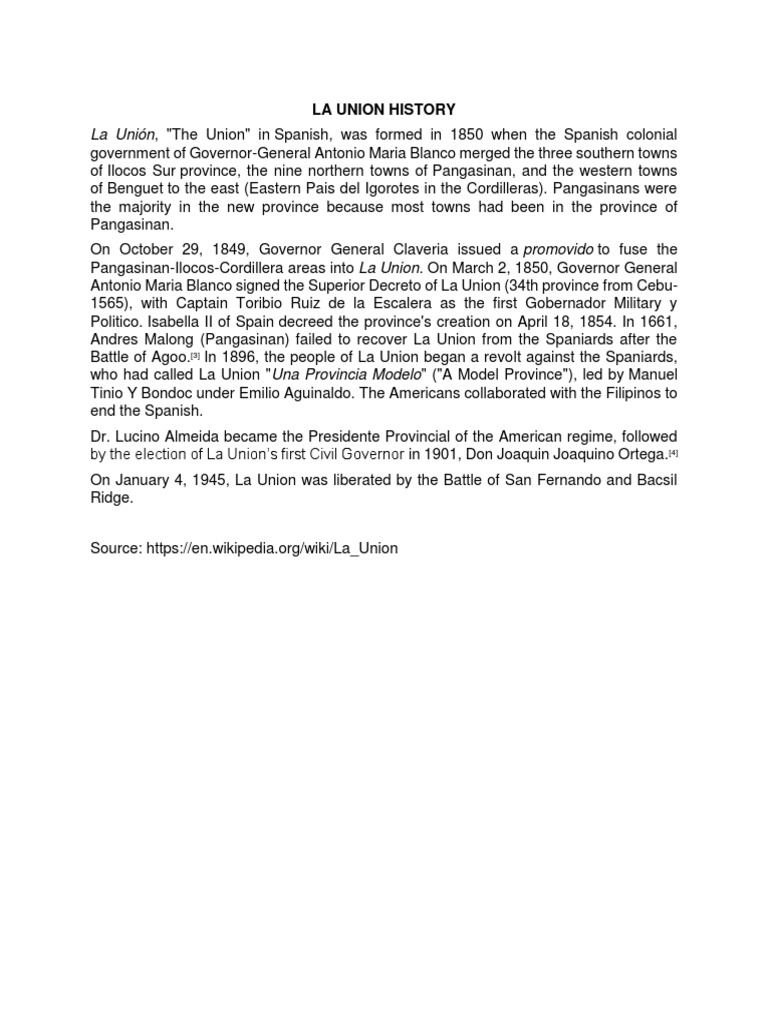 La Unión, "The Union" in Spanish, Was Formed in 1850 When The Spanish ...