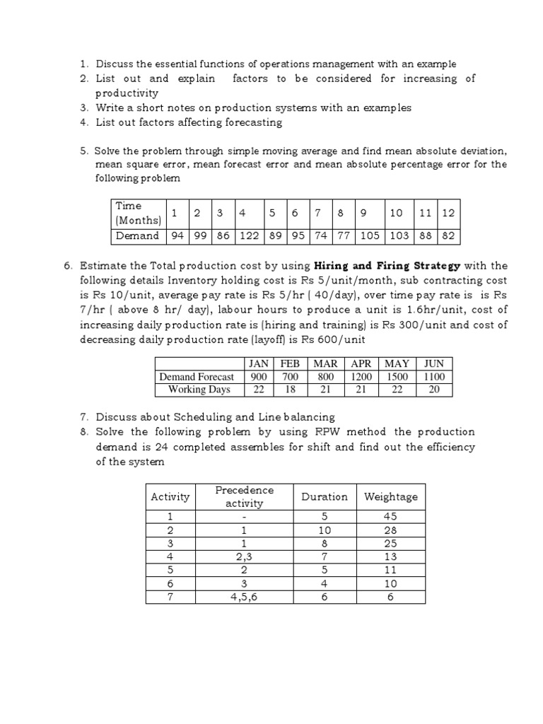 Pom Imp Questions | PDF | Scheduling (Production Processes) | Forecasting