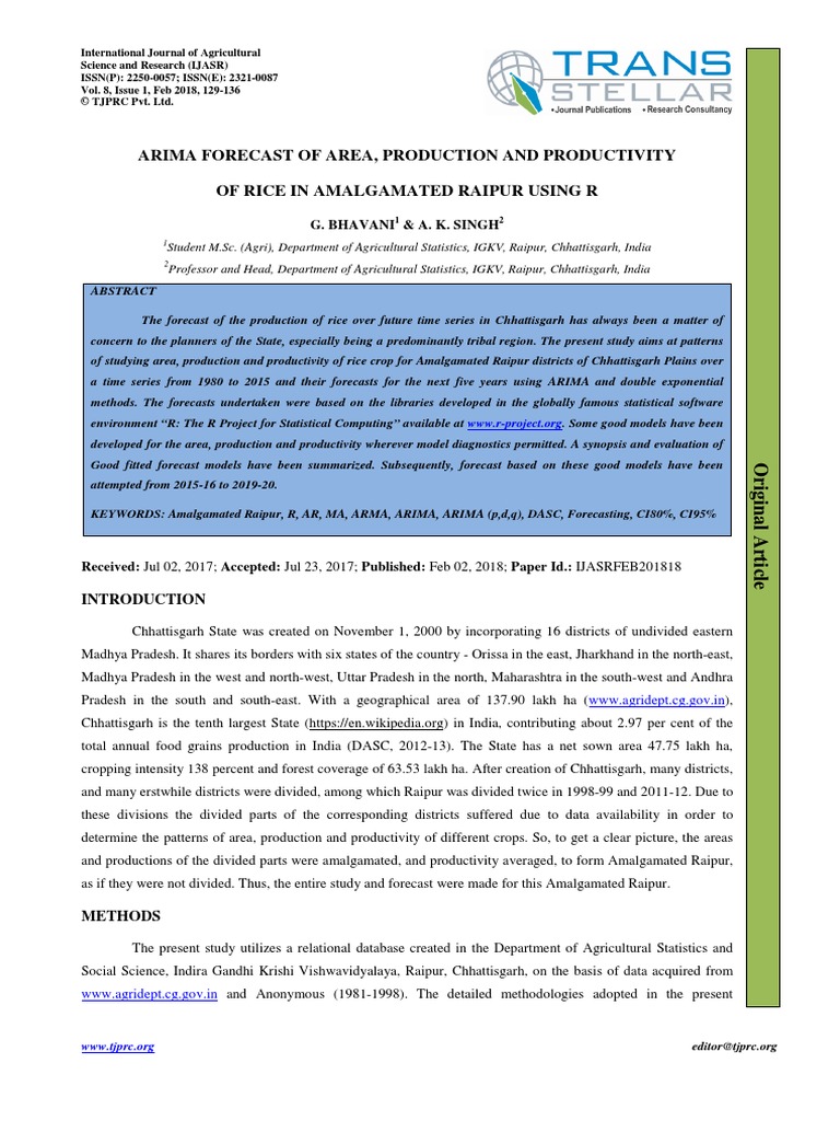 Arima Forecast of Area, Production and Productivity of Rice in ...