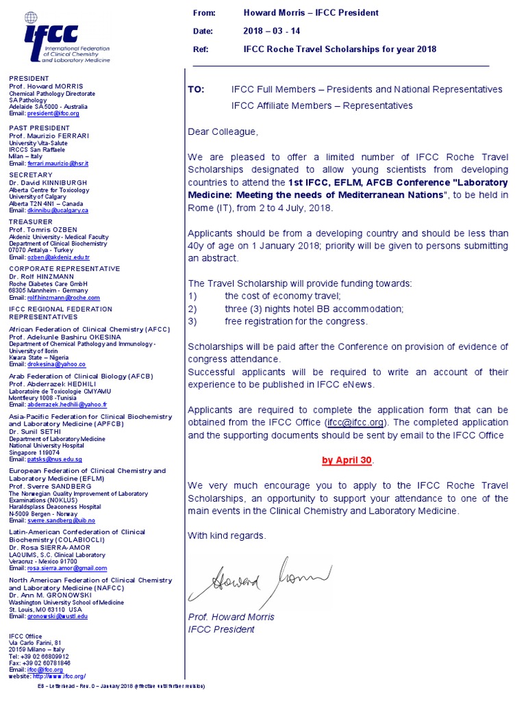 2018 IFCC Roche Scholarship Invitation Letter | PDF | Medical School ...