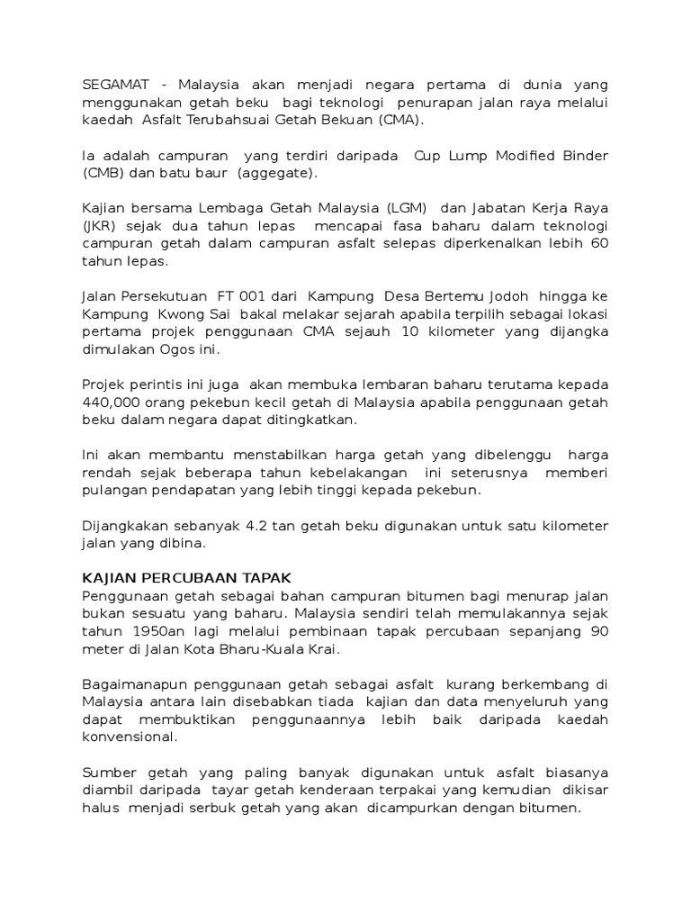 Teknologi Jalan Raya Getah Beku Malaysia | PDF