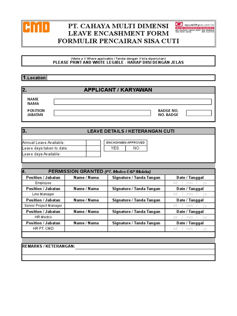 Leave Encashment Form Template | PDF
