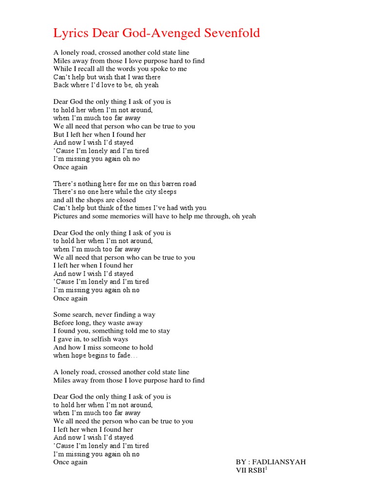 Lyrics Dear God-Avenged Sevenfold | PDF