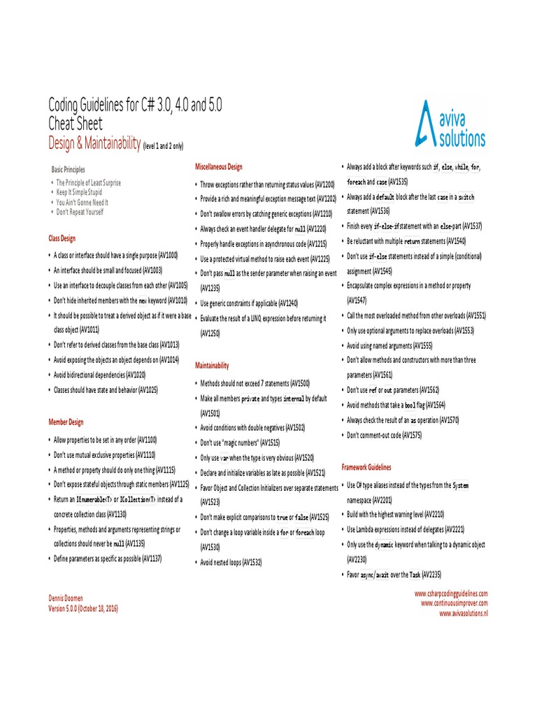 C# Coding Guidelines Cheat Sheet | PDF | Method (Computer Programming ...