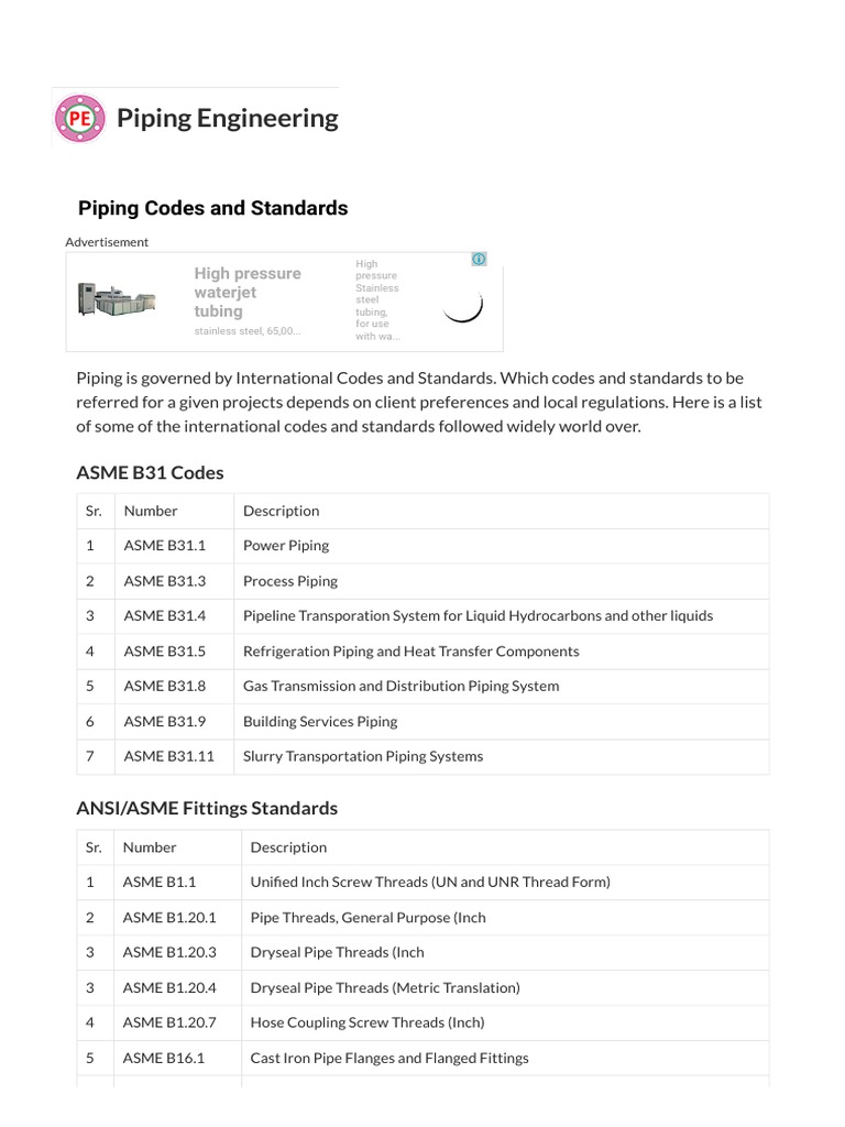 Piping Codes and Standards - The Piping Engineering Blog | PDF | Pipe ...