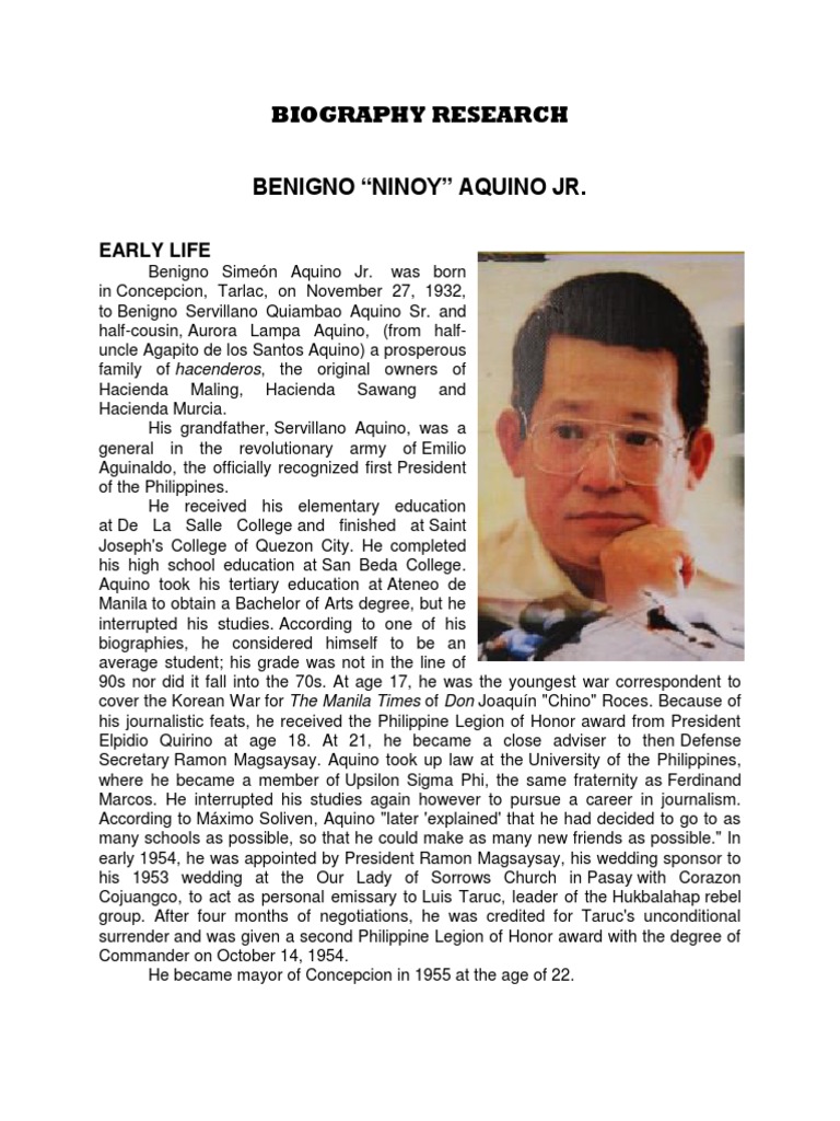 Biography Research Benigno "Ninoy" Aquino JR.: Early Life | PDF ...