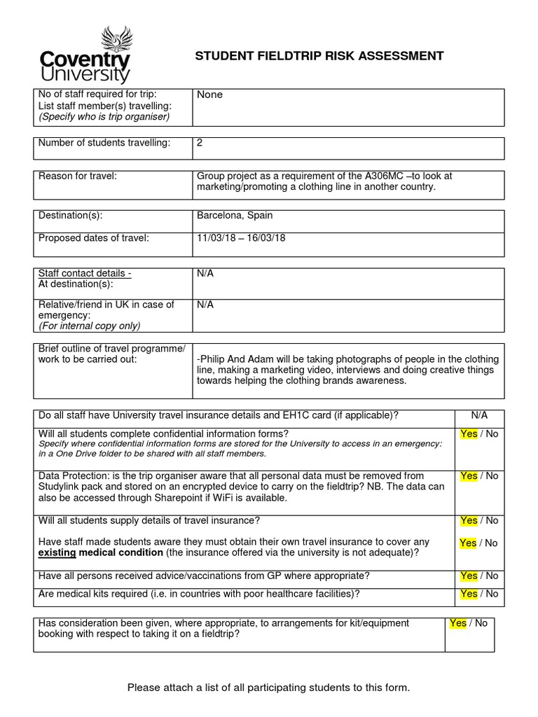 Student Fieldtrip Risk Assessment Form | PDF | Catalonia | Risk