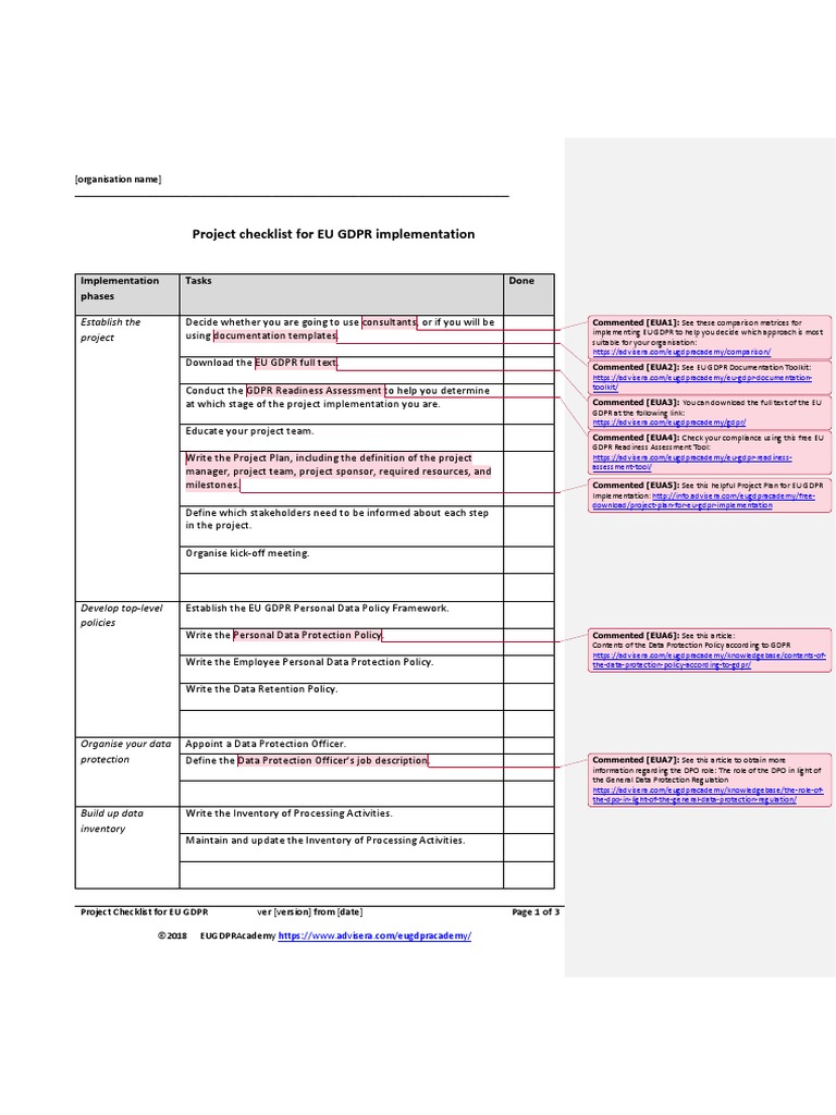 Checklist for EU GDPR Implementation En | Information Governance | Data