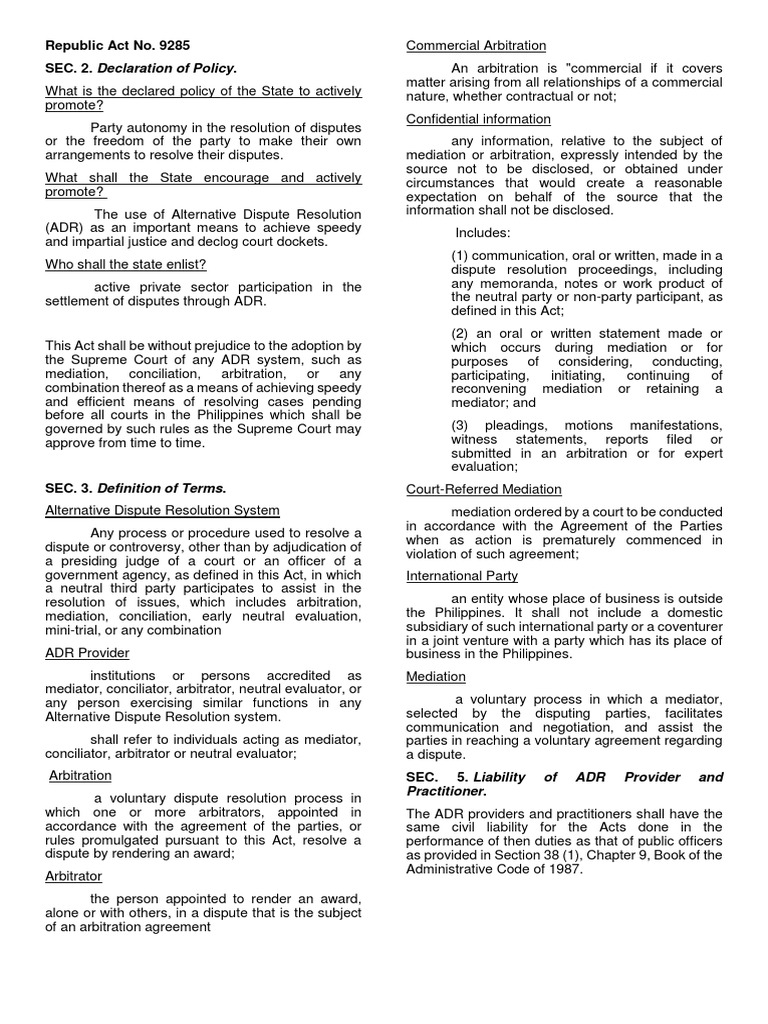 Republic Act No. 9285 SEC. 2. Declaration of Policy.: of ADR Provider ...