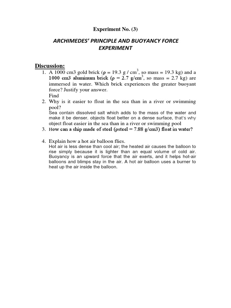 Archimedes' Principle and Buoyancy Force Experiment: Discussion | PDF