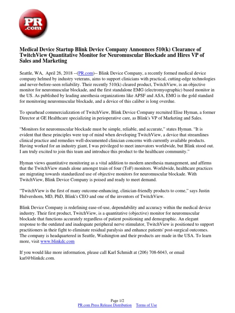 Medical Device Startup Blink Device Company Announces 510 (K) Clearance ...