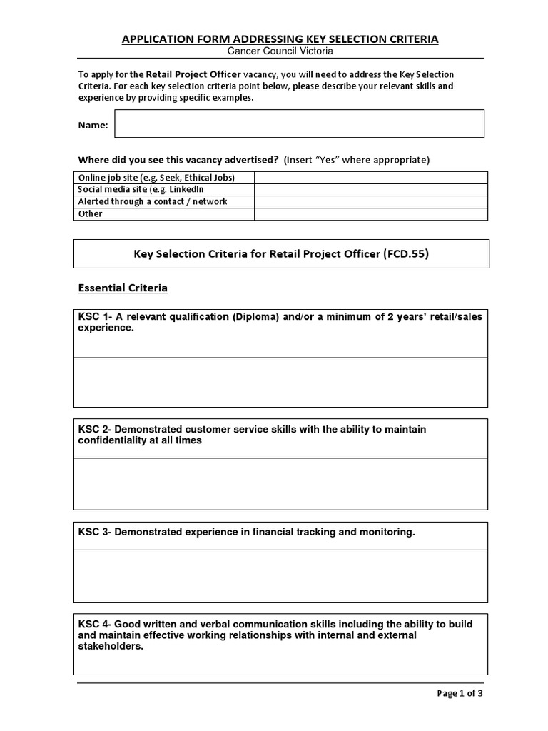 Application Form Addressing Key Selection Criteria: Retail Project Officer | PDF