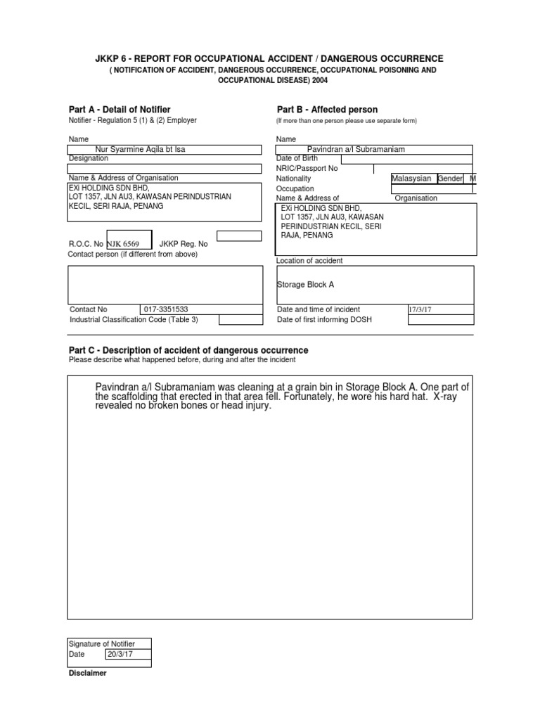 JKKP 6 - Report For Occupational Accident / Dangerous Occurrence | PDF