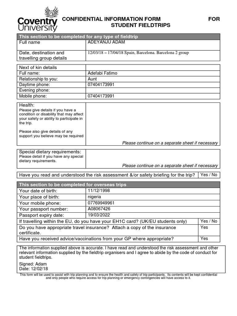 Confidential Student Information Form | PDF | Risk Assessment | Field ...