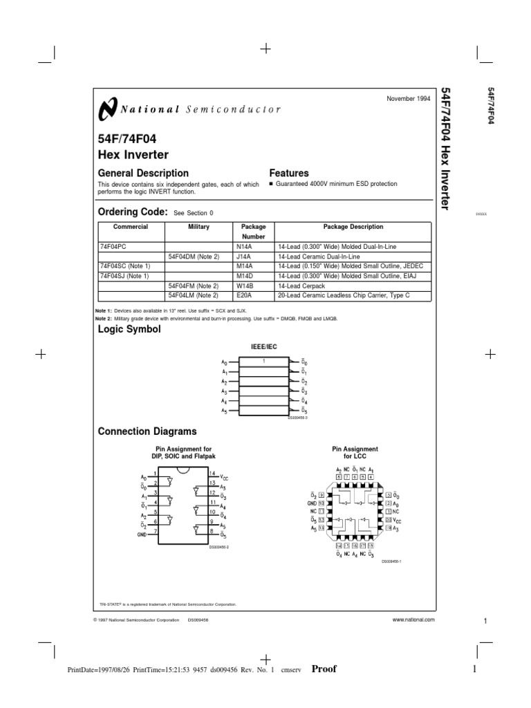 54F/74F04 Hex Inverter: General Description Features | PDF | Electrical ...