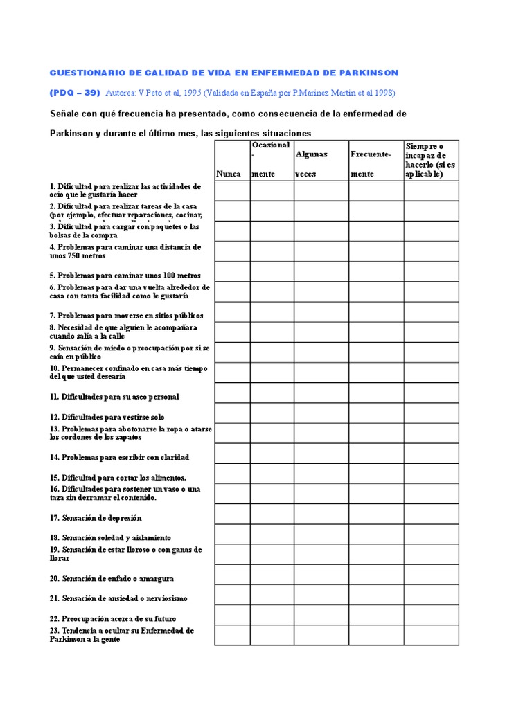 Cuestionario de Calidad de Vida en Enfermedad de Parkinson Pdq-39 ...